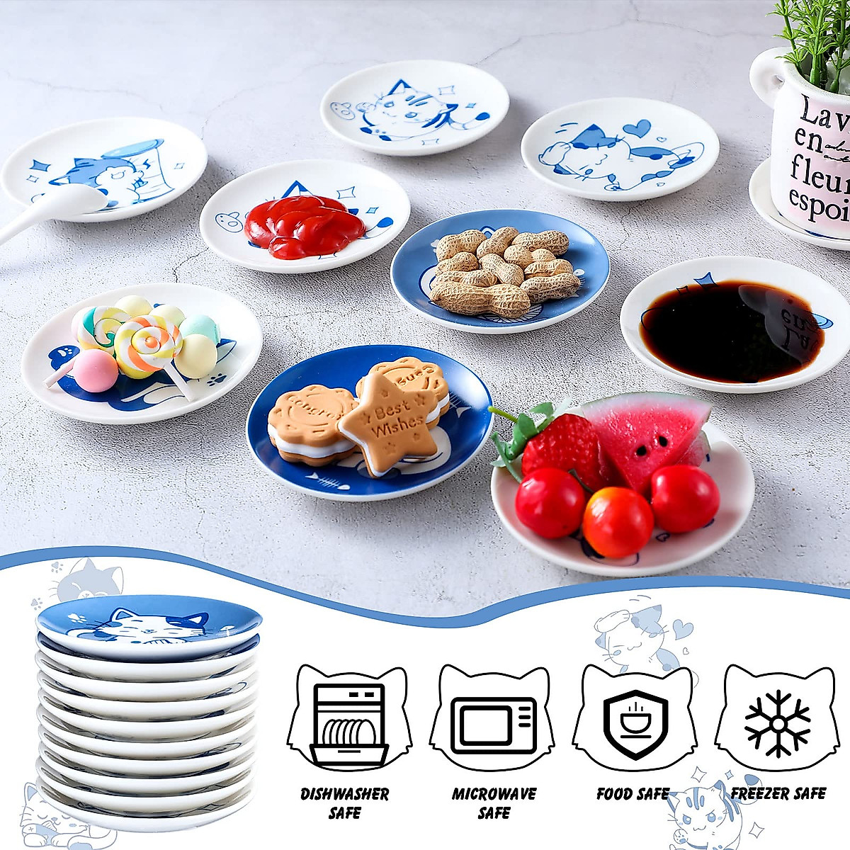 6 Pieces Soy Sauce Dish Japanese Small Cat Plates Set Ceramic Cute Cats Design Appetizer Dessert Sushi Salad Small Plate 3.94 x 0.8 Inches