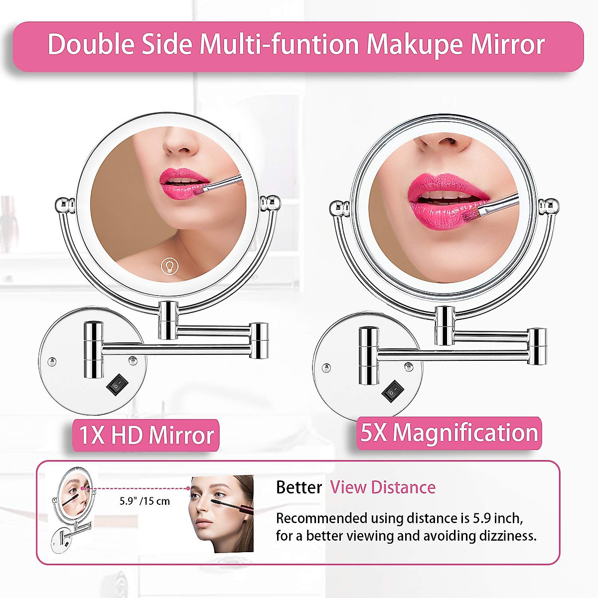 AMZNEVO Wall Mounted Lighted Makeup Mirror, 8 Inch Double-Sided 1X 5X Magnifying Mirror for Bathroom, 11'' Extendable Arm, 360° Swivel, Touch DimmableLED Lights, Powered by Plug in, Chrome