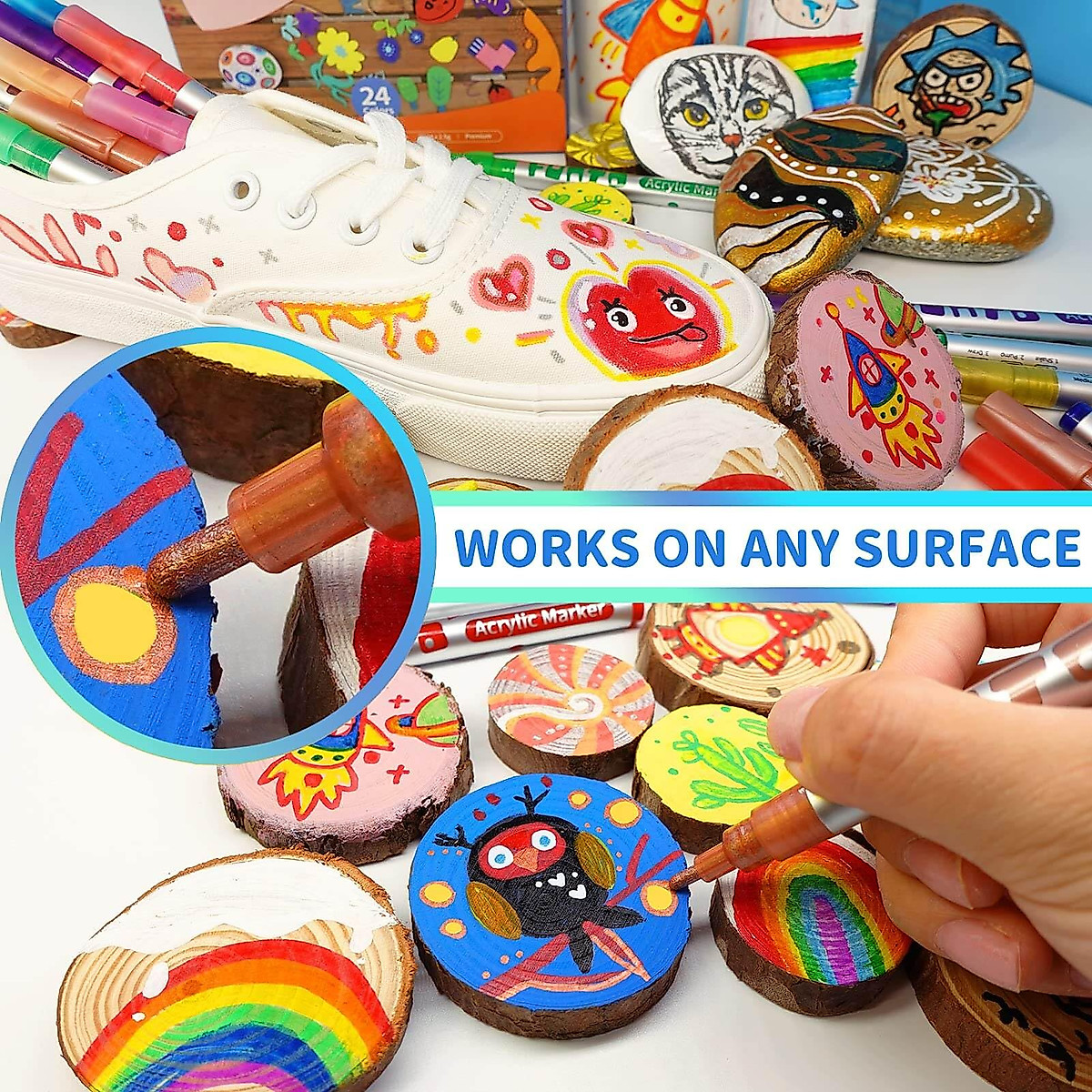 Funto Acrylic Paint Pens for Rock Painting, Fabric, Wood, Canvas, Metal, Ceramic, Glass, Scrapbooking Craft,12 Colors Paint Marker Set, Medium Tip, Non-Toxic, Quick Drying