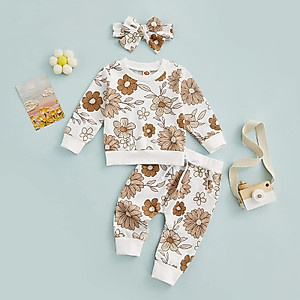 CIYCUIT 3Pcs Baby Girl Outfits Floral Sweatshirt + Pants + Headband Infant Fall Winter Clothes White 12-18 Months