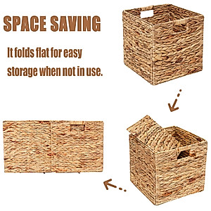 Wicker Storage Basket Water Hyacinth Woven Basket Wicker Storage Cubes,Foldable Baskets for Shelves,Handwoven Laundry Totes for Bedroom,12x12x12inch,Set of 2