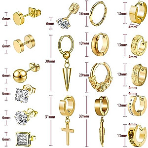 LASPERG Gold Earrings for Men, 18 Pairs Gold Hoop Earrings Men, Stainless Steel Stud Cross Dangle Hoop Earrings Set Fashion Piercing Jewelry
