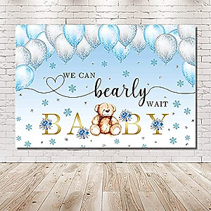 MEHOFOND 7x5ft Winter Snowflake Bear Boy Baby Shower Backdrop We Can Bearly Wait Bear Blue and Silver Balloons Photography Background Party Decor Cake Table Decor Banner Photo Booth