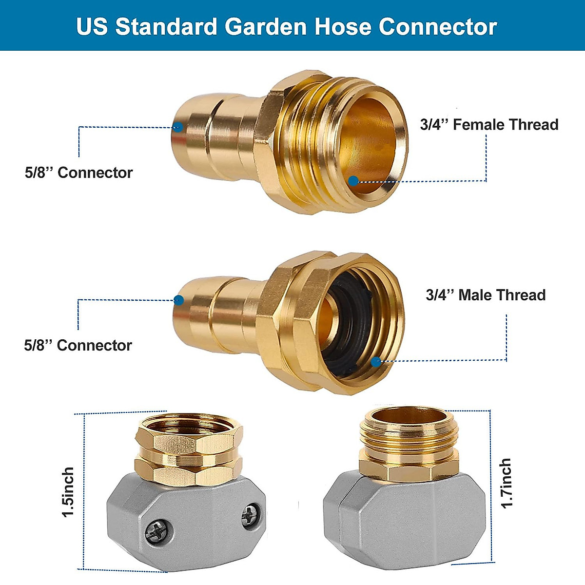FINEST+ (4 Sets) Garden Hose Repair Connector Fitting, Aluminum Female and Male With Zinc Clamp Water Hose End Repair Connector Fit 3/4 Inch or 5/8 Inch Garden Hose