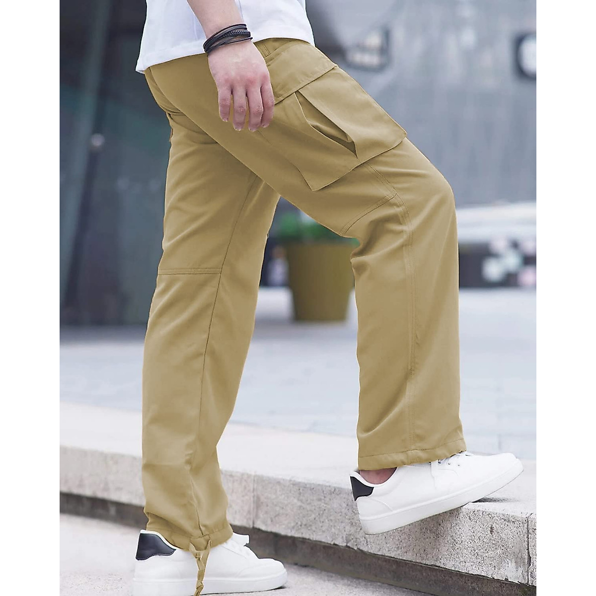 LYRXXX Men's Casual Cargo Pants Hiking Pants Workout Joggers Sweatpants for Men,Light Khaki,M