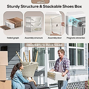 ORGXpert Stackable Drop Front Shoe Storage Organizer, Reusability Stylish Clear Plastic Shoe Box, Sturdy XLarge Shoe Display Container with Lids, Fits up to Size 12 Sneakers High Tops, 2 Layer