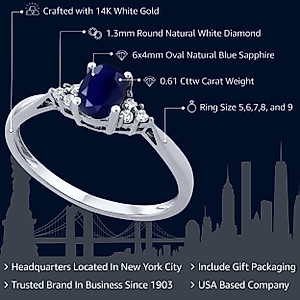 Gem Stone King 14K White Gold Blue Sapphire and White Diamond Engagement Ring For Women | 0.61 Cttw | Wedding Anniversary Promise Ring For Women | Available 5,6,7,8,9 (Size 5)