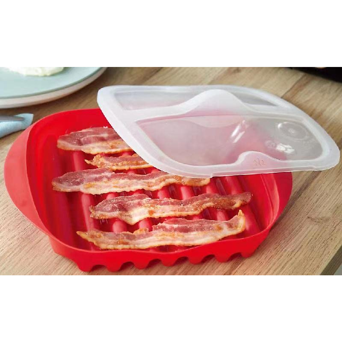 newkaijian Microwave Bacon Tray with Splatter Lid, Safety, Quick and with No Mess, Microwave Bacon Cooker Make Crispy Bacon in few Minutes（red）
