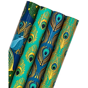 WRAPAHOLIC Peacock Christmas Wrapping Paper Roll - Green Peacock Elements Patterns with Metallic Foil Shine - 4 Rolls - 30 Inch x 120 Inch Per Roll