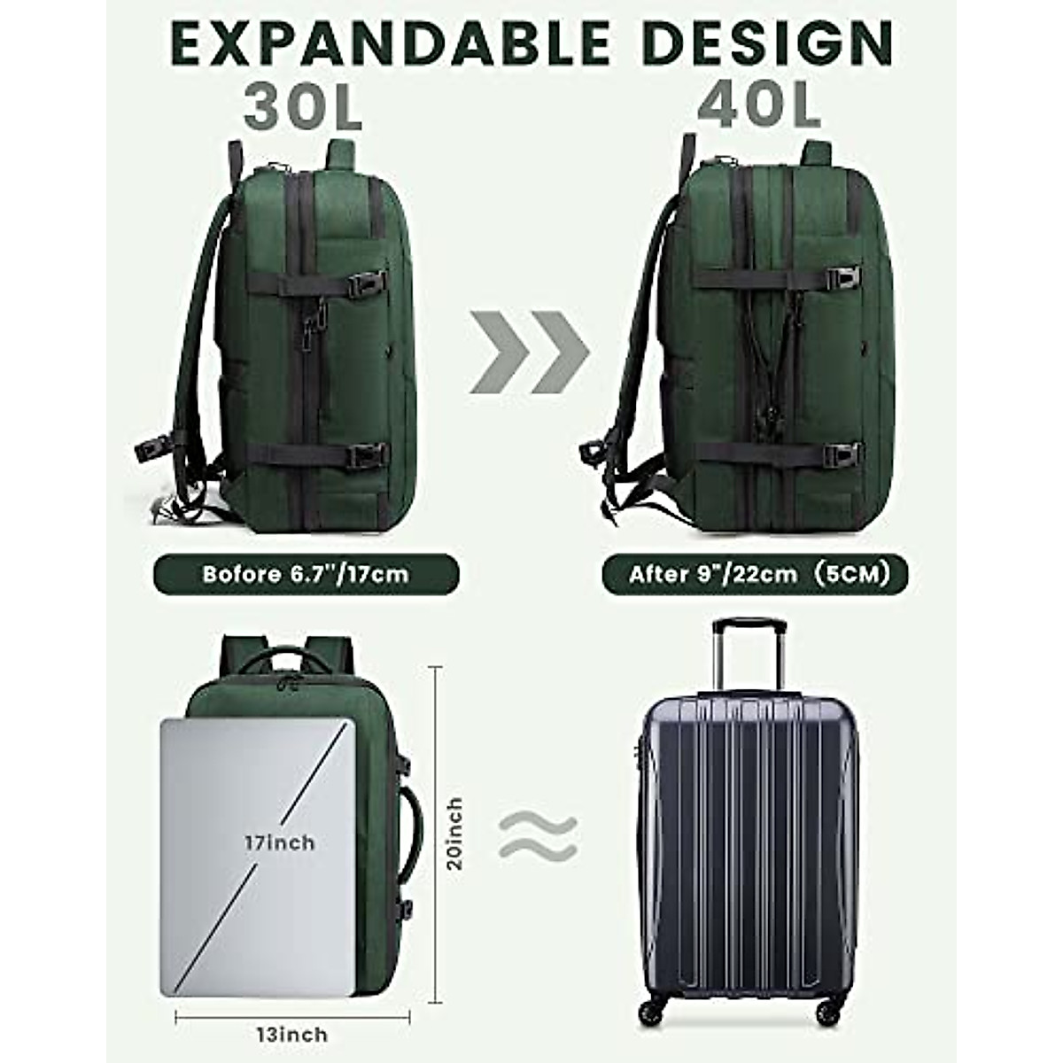LOVEVOOK Travel Backpack, Extra Large 30-40L Expandable Carry on Backpack Airline Approved, Anti-Theft Waterproof Backpack for Travel, 17 Inch Laptop Backpack with USB Port for Men & Women, Dark Green