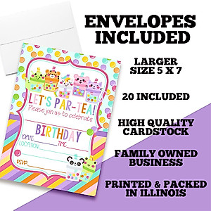 Amanda Creation Let's Par-tea Cute Animal Bubble Tea Themed Birthday Party Invitations, 20 5x7 Fill-In Cards with Twenty White Envelopes