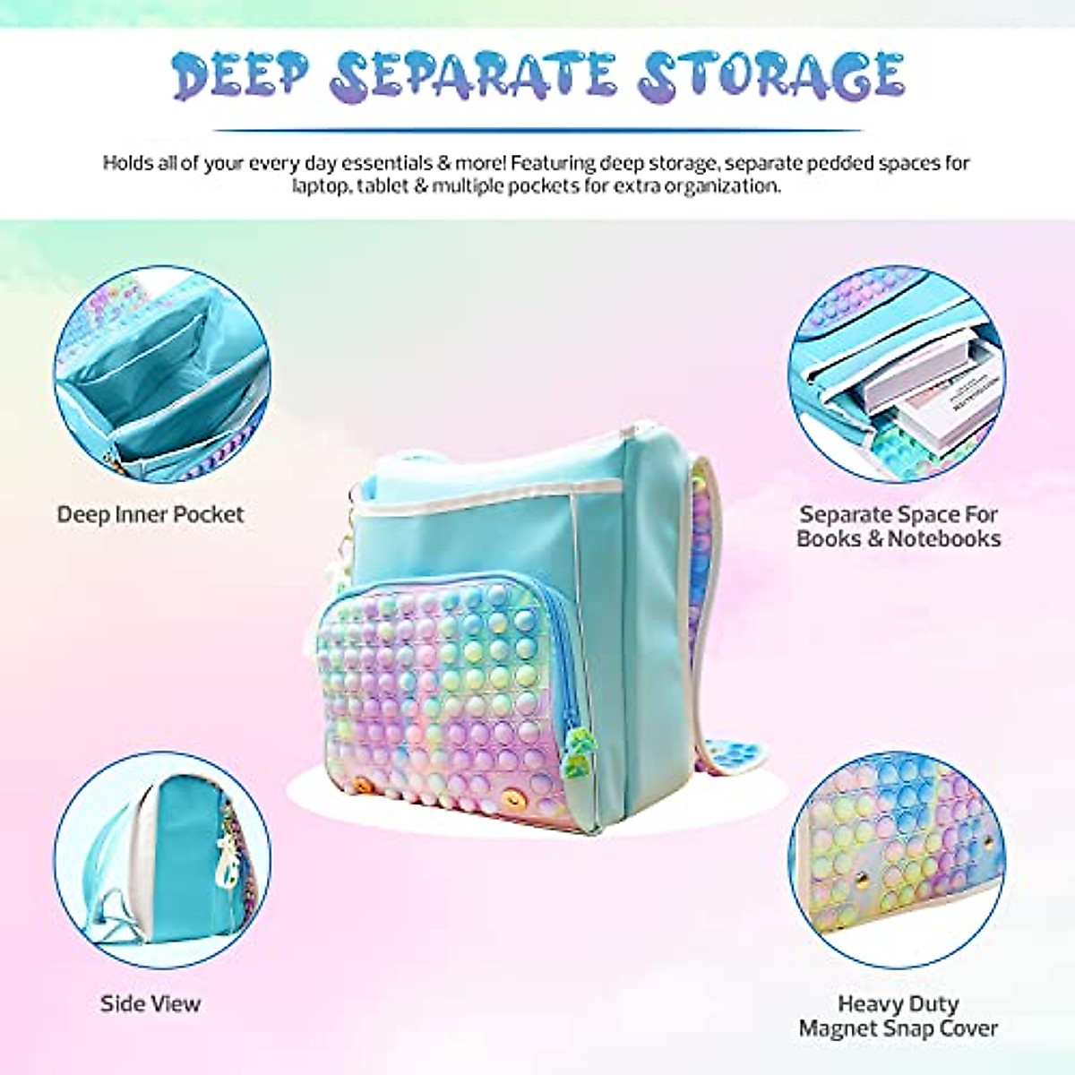 AmazTree Amaztree Rainbow Pop On It School Backpack Fidget Backpack for Kids, Teenagers Girls