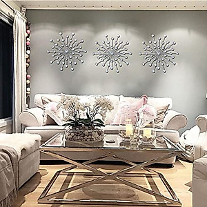 ZEXUIRU 3 Set Silver Metal Jeweled Wall Art Bling Crystal Home Décor Starburst Rhinestone Wall Hanging Diamond Accents