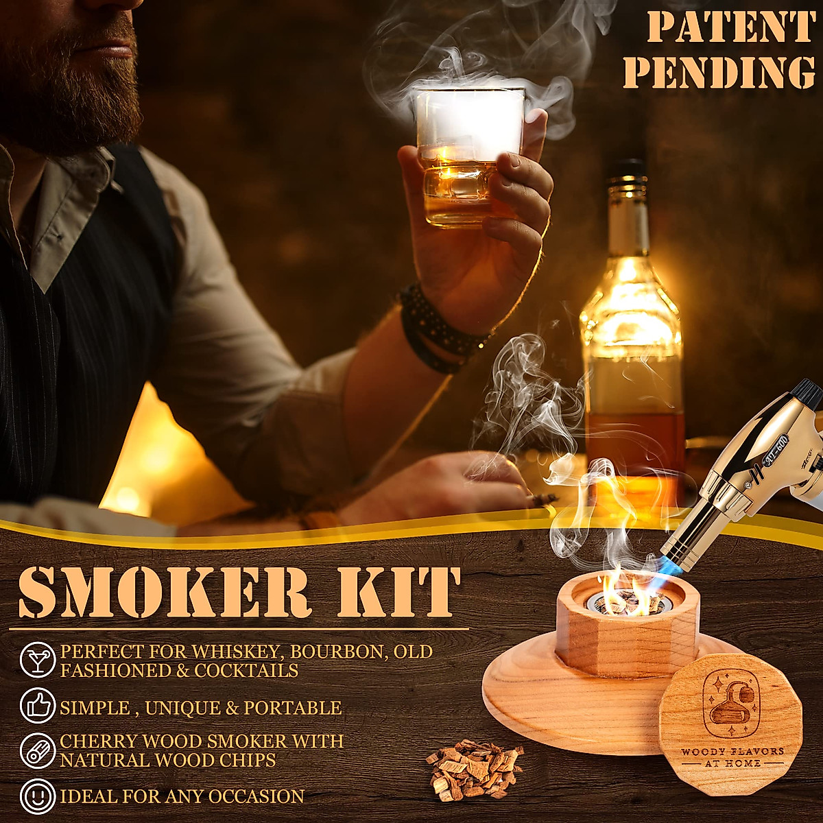 Woody Flavors at Home Cocktail Smoker Kit – Drink Smoker Bartender Kit with Torch, Sphere Ice Molds, Aromatic Wood Chips – Professional Bourbon Smoker Kit for Cocktails, Whiskey. Butane not Included