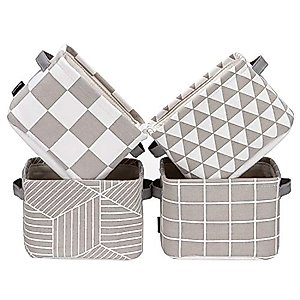 Sea Team Foldable Mini Square New Grey and White Geometric Theme 100% Natural Linen & Cotton Fabric Storage Bins Storage Baskets Organizers for Shelves & Desks - Set of 4 (Grey)