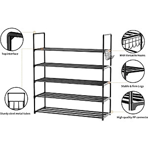 HOMICKER Metal Shoe Organizer,5 Tiers Shoe Storage Shoe Rack with Hooks,Fit 20-25 Pairs,Adjustable Shoe Shelf for Entryway,Hallway,Bedroom,Metal Bottom Support