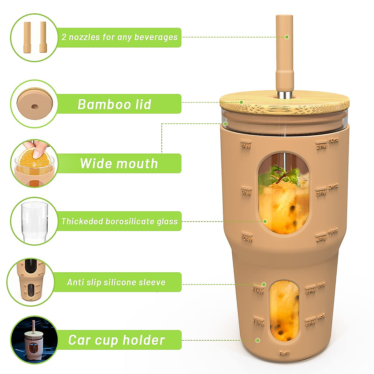 Tronco 32 oz Glass Tumbler with Straw and Lid - Reusable Drinking Glass Cup with Time Marker, Silicone Sleeve - Ideal for Boba, Smoothies, Tea and Iced Coffee Fits Cup Holder- BPA Free,Pink