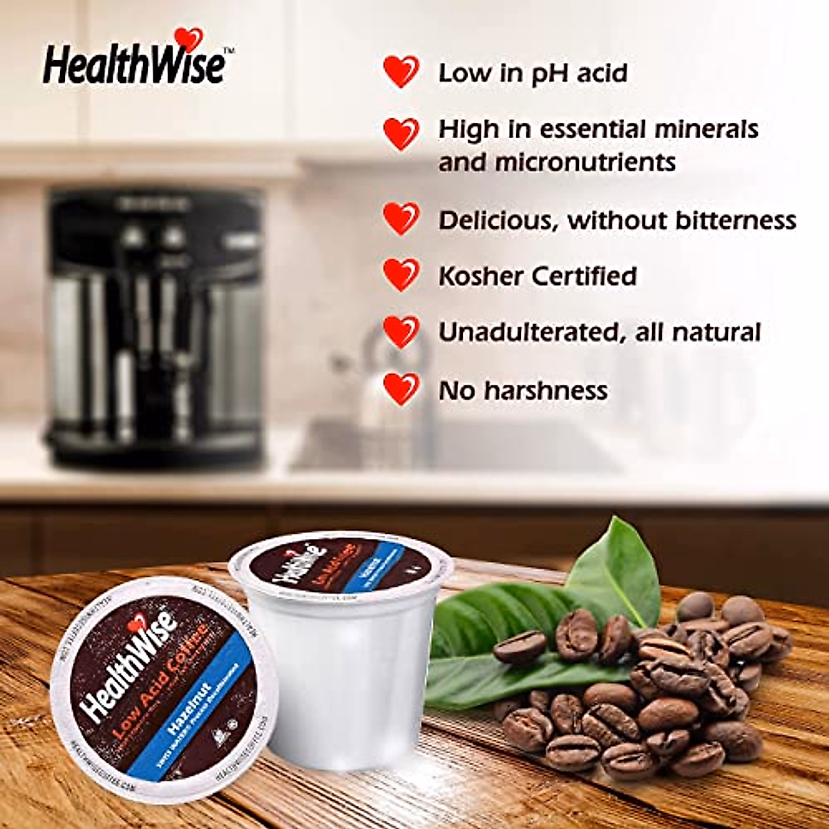 Healthwise Hazelnut Decaf Low Acid Coffee K-Cups - Swiss Water Process - Acid Reflux, Heartburn, Gastro Issues - Healthier Coffee For Sensitive Stomachs - Available In 4 Different Flavors - 12 Count