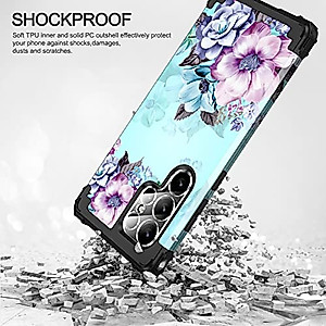 Casetego Compatible with Galaxy S23 Ultra 5G Case,Floral Three Layer Heavy Duty Sturdy Shockproof Full Body Protective Case with 2 Pack Camera Lens Protector for Samsung S23 Ultra,Blue Flower