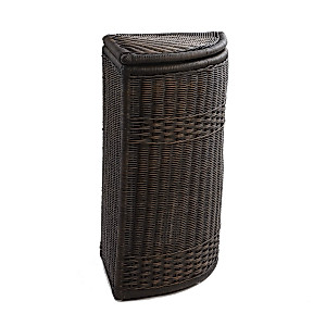 The Basket Lady Corner Wicker Trash Basket with Removable Metal Liner, 15 in L x 15 in W x 26 in H, Antique Walnut Brown