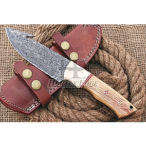 HUNTEX Handmade Hand-Forged Rain Drop Pattern Damascus Steel 9.5 Inch Long Full Tang Olive Wood Handle Razor Sharp Hunting Camping Gut Hook Knife w/Genuine Leather Pouch