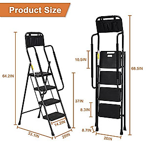 HBTower 4 Step Ladder with Handrails, 330 lbs Folding Step Stool with Attachable Tool Bag & Anti-Slip Wide Pedal for Home Kitchen Pantry Office (4-Step)