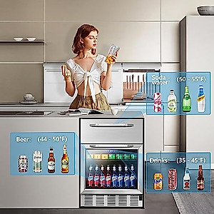 Karcassin 24 Inch Indoor Under Counter Drawer Fridge，Stainless Steel 2 in 1 Beverage Refrigerator Built-in and Freestanding with Digital Display for Home and Commercial Use