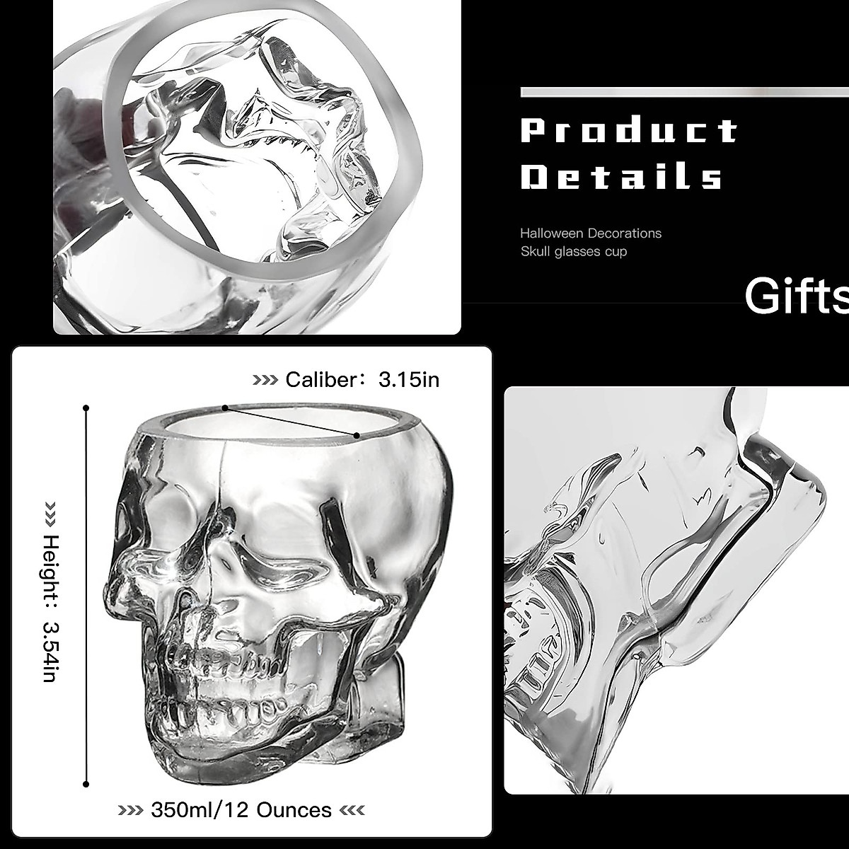 Funny skull glass Wine Glass,Drinking Glass,Gift,Engraved Design,Large Glasses,vodka spirits cup glass,new Crystal Skull cup,Halloween decor Gifts(350ML),Clear,1 Count (Pack of 1)