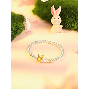 ZHOU LIU FU 24K Solid Gold Bracelets for Women, Stretchable Real Gold Rabbit Freshwater Pearl Bangle Charm Bracelets, Pure Gold White Pearls Bunny Bracelet