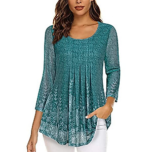 Timeson Womens Tunic Top,Long Tops to Wear with Leggings Womens 3/4 Sleeve Tops and Blouses Spring Fall Business Casual Fancy Shirts for Work Ladies Blouses Dressy Loose Fit Peasant Cyan Floral XL
