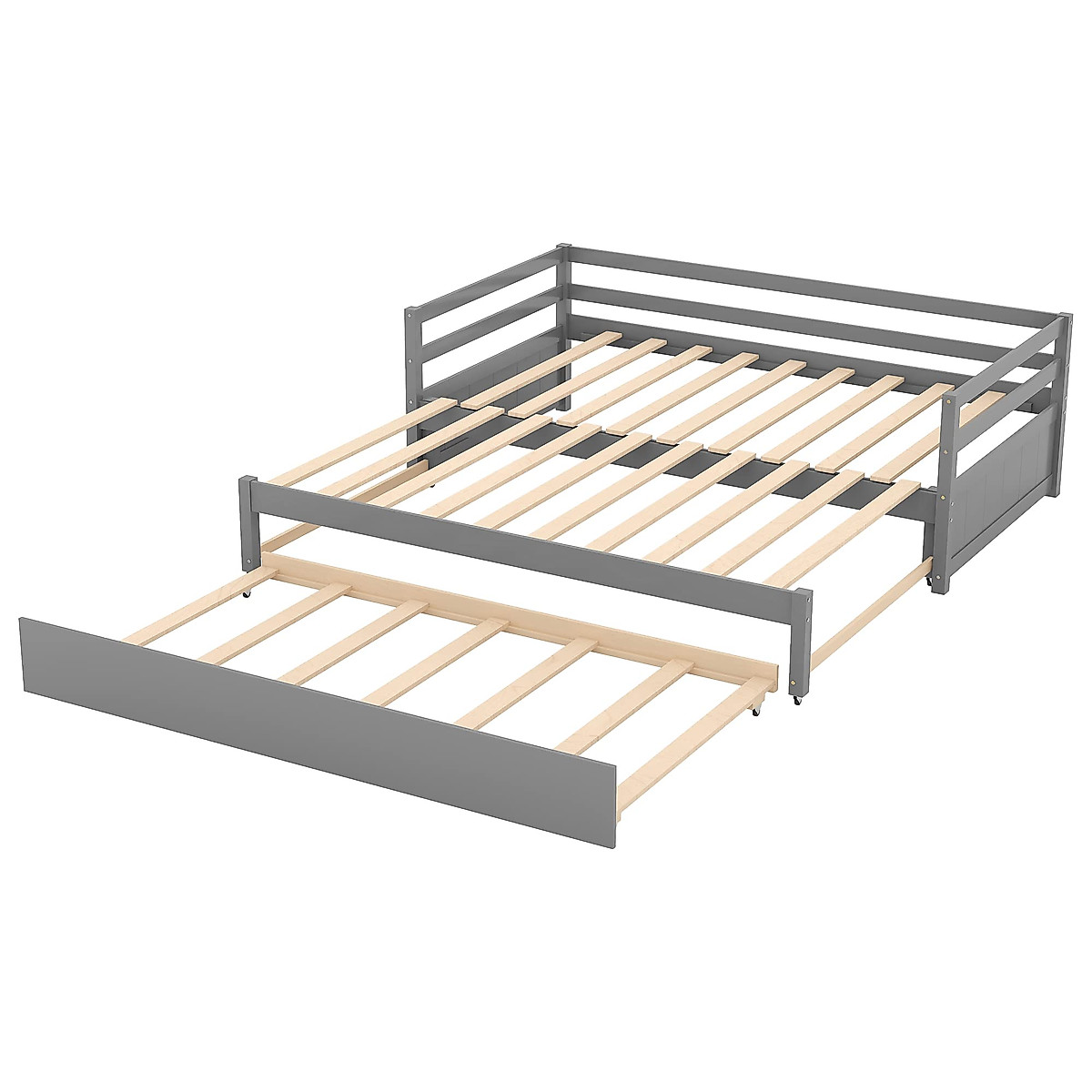 Merax Modern Extending Daybed with 2 Pop Up Trundle Beds Twin to King Wood Sofa Day Bed with Headboard No Box Spring Needed Grey