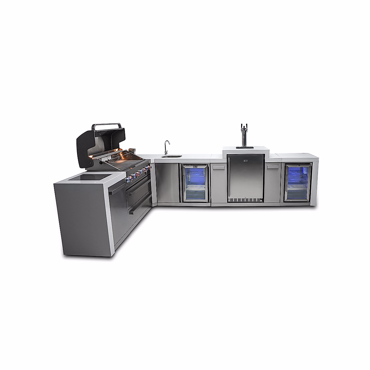 Mont Alpi MAi805-D90KEGBEVFC 44-inch 6-Burner 115000 BTU 90 Degree Deluxe Stainless Steel Gas Outdoor Kitchen Island Grill + Compact Refrigerator + 3 Beer Tap Keg Dispenser + Rotisserie Kit + Storage