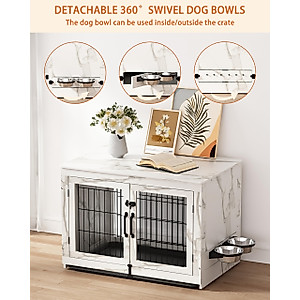 Piskyet Wooden Dog Crate Furniture with 360°Rotatable Removable Dog Bowls, Dog Crate End Table with Tray, Double Doors Dog Kennels forDogs(L:37.7" L*25.1" W*26.1" H, Marble White)