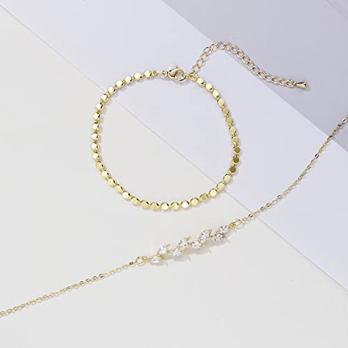 MIDEEO Dainty Crystal Bracelet Set Minimalist Layering CZ Diamond Leave Delicate Dot Gold Wedding
