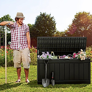 Flamaker Outdoor Storage Box 85 Gallon Resin Waterproof Deck Box with Wood Texture Large Storage Bin for Patio Cushions (Black)