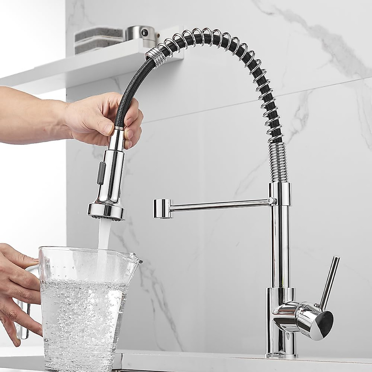 OWOFAN Spring Kitchen Sink Faucet Commercial Single Handle Single Lever Kitchen Faucet with Pull Down Sprayer, Polished Chrome Kitchen Faucets