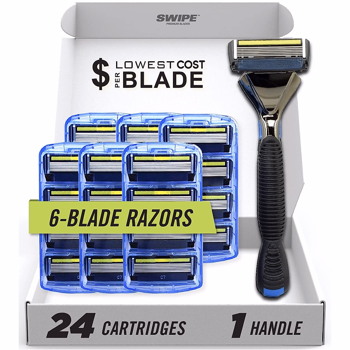 SWIPE Premium Men's 6-Blade Razor Kit (Flex Head Handle + 24 Refills)