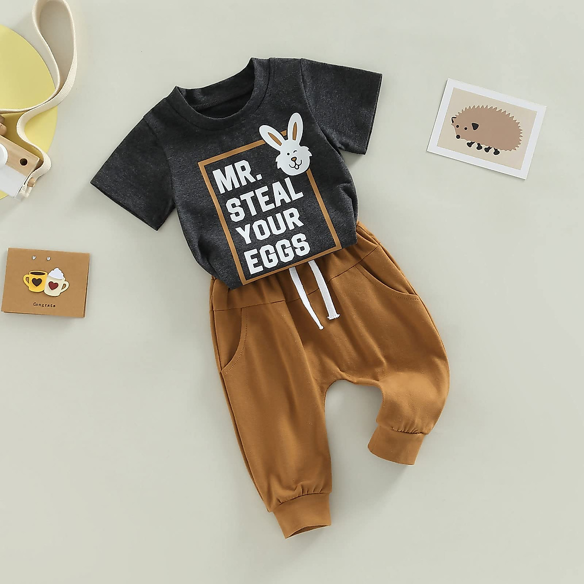 Infant Toddler Baby Boy Easter Day Outfit Clothes Short Sleeve Bunny Letter Printed T-Shirt Tops and Jogger Pants Set (Dark Gray, 18-24 Months)