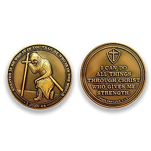 Christian Challenge Coins, Zinc-Alloy with Antique Gold-Color Plating | Task Ahead I Can Do All Things Coin, Eagle Coin, Faith Can Move Mountains Coin | Value Variety Pack of 3 | Assortment 2