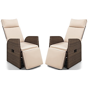 Greesum Patio Recliner All-Weather Wicker Lounge Chair with Flip-up Side Table(Set of Two), Beige