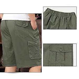 YangguTown Men's Cotton Lightweight Loose Fit Cargo Shorts Full Twill Elastic Waist Drawstring Shorts Khaki 36