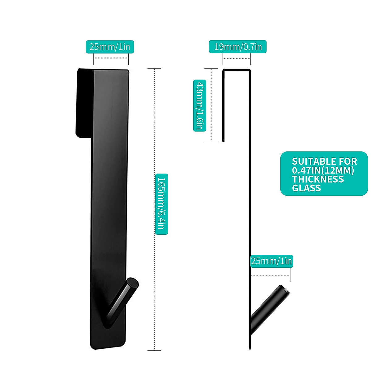 COFTCLMOMT 6.4" Shower Door Hooks, 2-Pack Towel Hooks for Less Than 12mm Frameless Glass Shower Door, Stainless Steel Robe Bathroom Hooks, Bathrobe Hanger (Black)