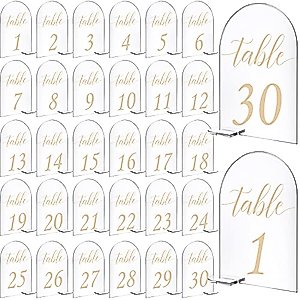 Vicenpal 30 Sets Arch Acrylic Sign Gold Printed 1-30 Table Signs with Stands Calligraphy Clear Table Number Display Stand for Wedding Reception Event Party Restaurant Centerpieces Decor (4 x 6 Inch)