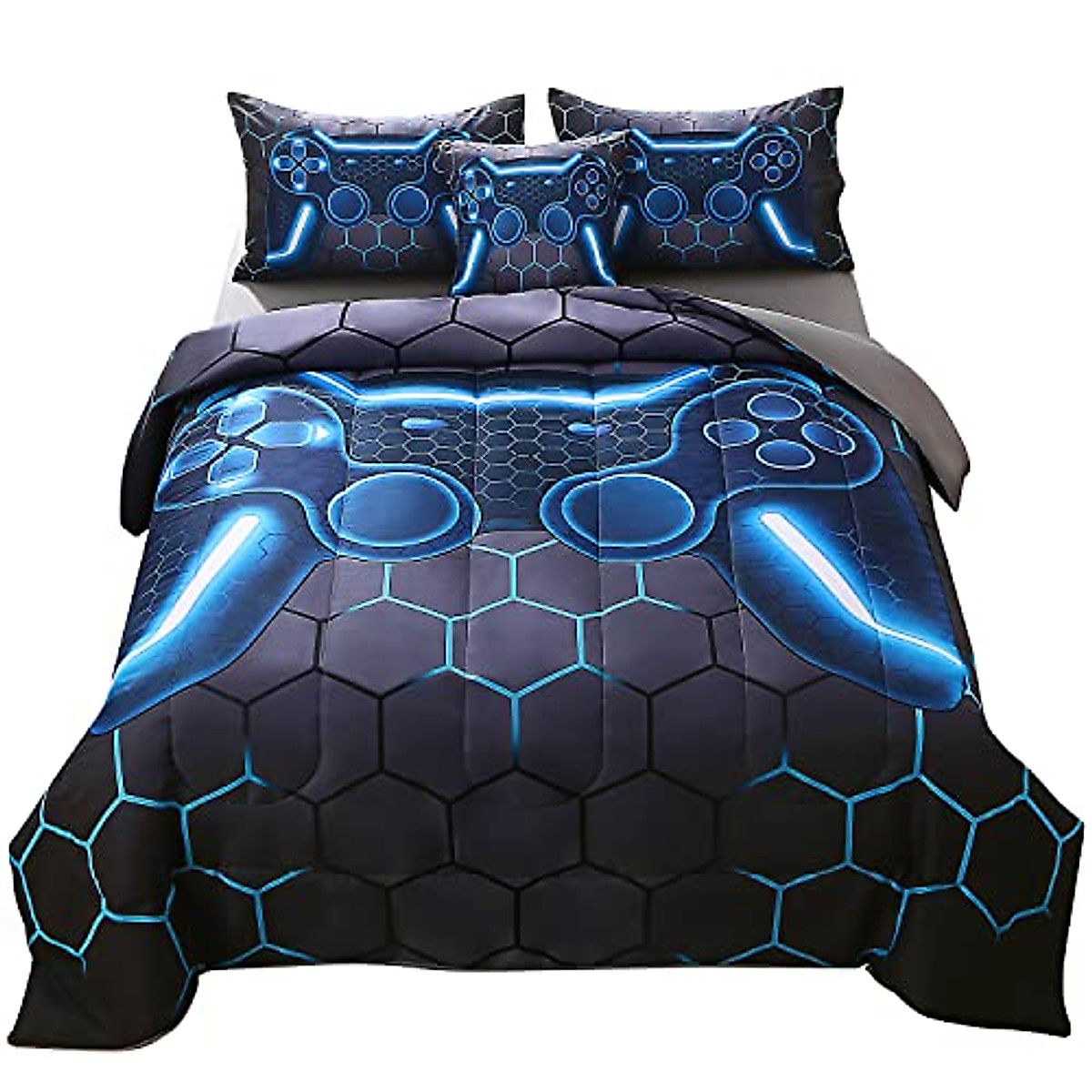 JQinHome Full Gamer Comforter Set,6 Piece Bed in A Bag 3D Video Game Bedding -All Season Down Alternative Gamer Bedding Sets - (Blue Game Controller)