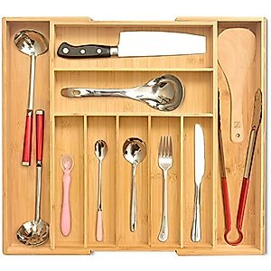 Signature Living Bamboo Expandable Utensil Drawer Organizer, Premium Bamboo for Cutlery, Flatware, Silverware - Drawer Dividers for Easy Storage (7-9 Slots)