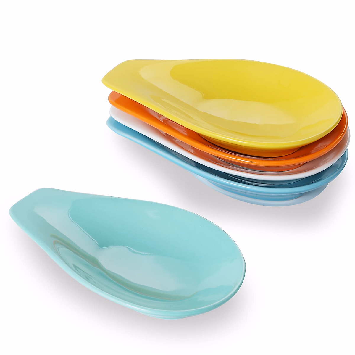 ONTUBE Ceramic Spoon Rests for Buffet Table Set of 5, Porcelain Sauce Dish Resting Cooking Spoons Holder for Home and Kitchen, 6.5 Inch MixColor