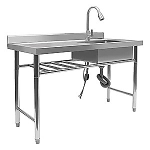 Kitchen Sink, Free Standing Stainless Steel Single Bowl Commercial Restaurant Set w/Faucet & Drainboard, Utility Washing Hand Basin w/Workbench for Kitchen Indoor Outdoor
