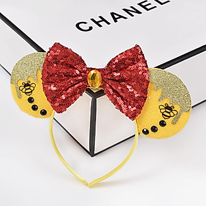 Eisyaa Yellow Winnie Minnie Ears Red Bow Headband, Sparkle Mouse Ears Headbands, Sequin Mice Ears Headband Princess Decoration Cosplay Costume (Winnie/Yellow)