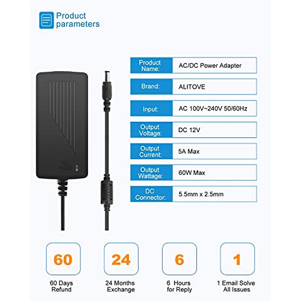 ALITOVE DC 12V 5A Power Supply Adapter Converter Transformer AC 100-240V Input with 5.5x2.5mm DC Output Jack for 5050 3528 LED Strip Module Light