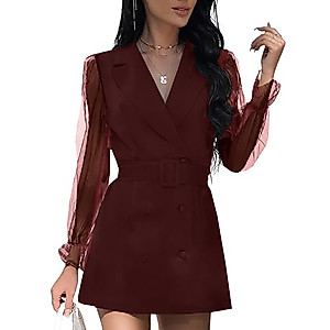 LYANER Women's Elegant Collar V Neck Lace Long Sleeve Blazer Mini Dress with Belt Burgundy Medium